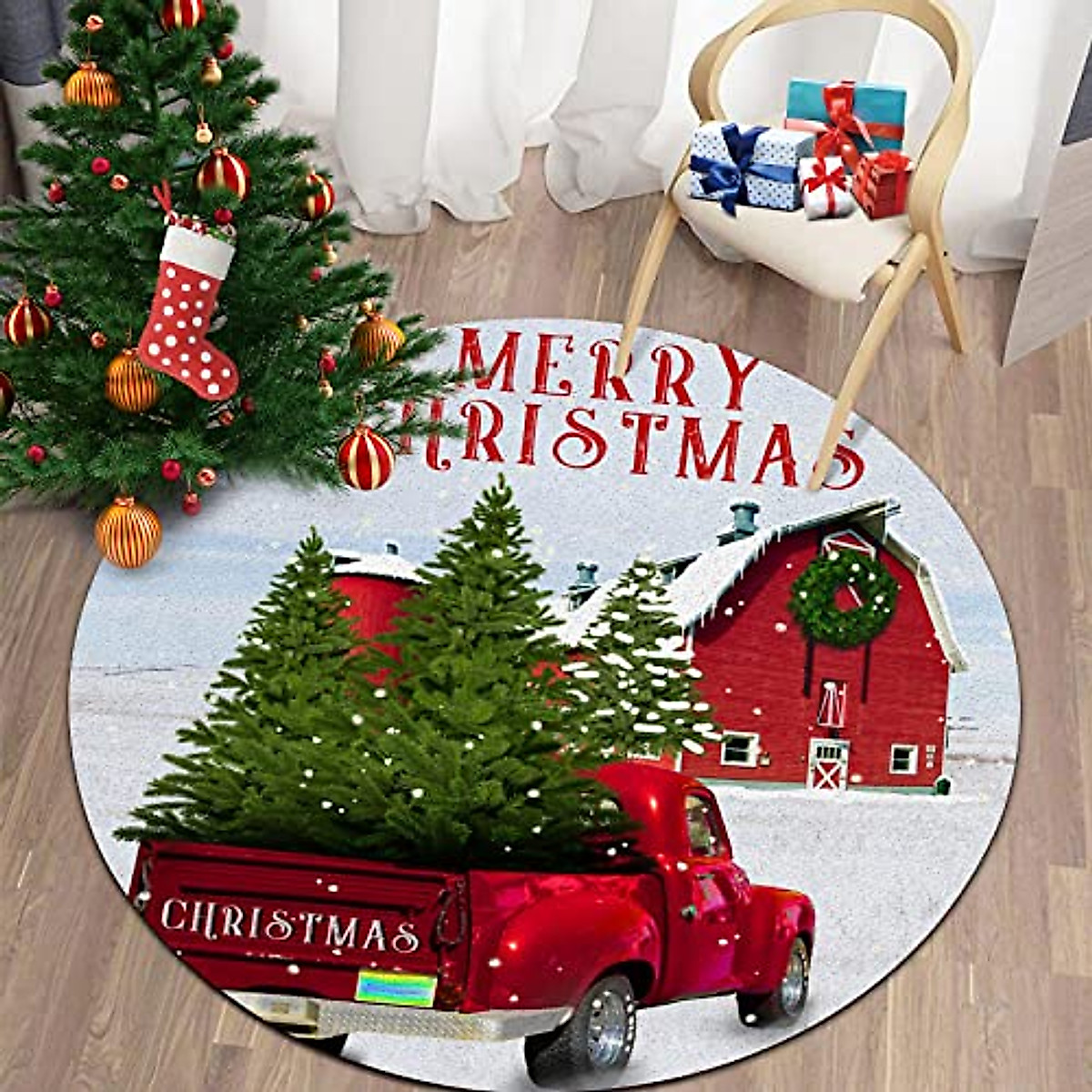 Round Area Rugs 4ft, Red Retro Truck and Christmas Tree Indoor Throw Runner Circle Rug Entryway Doormat Floor Carpet Pad Yoga Mat for Bedroom Living Room Farm Wood Barn