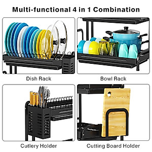 GSlife Dish Drying Rack, Metal 2 Tier Dish Rack Rust-Resistant Dish Drainer with Utensil Holder, Cutting Board Holder Set for Kitchen Counter, Black