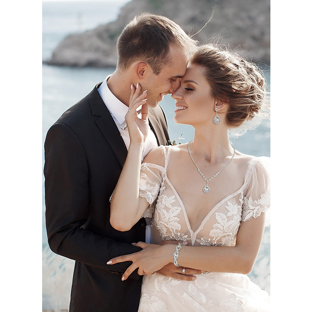 Jstyle Bridal Wedding Jewelry Set Silver Rhinestone Necklace Bracelet Dangle Earrings for Bride Bridesmaid Teardrop Pendants Crystal Prom Costume Jewelry Accessories for Women (3 piece set) A