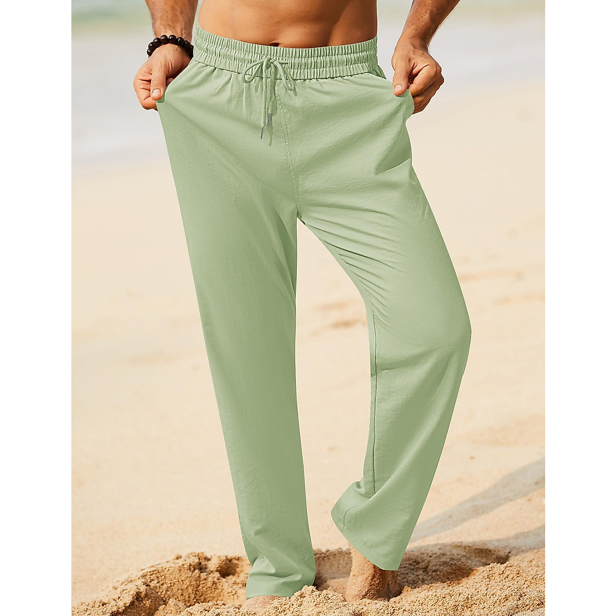 iWoo Mens Lounge Pants Lightweight Baggy Linen Pants Elastic Waistband 2XL Green