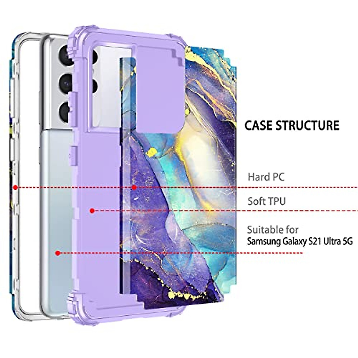 Rancase for Galaxy S21 Ultra 5G Case,Three Layer Heavy Duty Shockproof Protection Hard Plastic Bumper +Soft Silicone Rubber Protective Case for Samsung Galaxy S21 Ultra 5G 6.8 inch,Purple