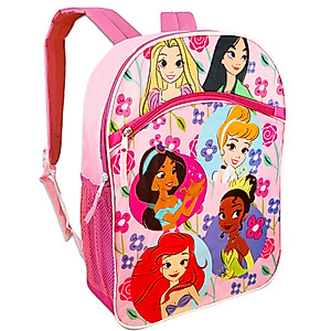 Disney Princess Backpack for Girls 4-6 - Bundle with 15” Disney Princess School Backpack, Disney Princess Drink Pouch, Stickers, More (Disney Princess Backpack Kids)