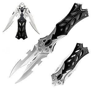 LFHC Pocket Double Blade Knife, Tactical Twin Edge Dual Blades Folding Knife, 8.5-in Outdoor Camping Multifunctional EDC Tool Fishing Hunting Knives with Clip and Liner Lock, Aluminum Handle Gifts