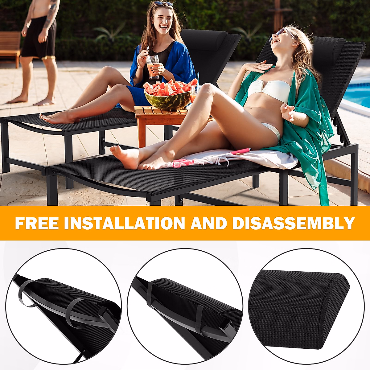 WOAJNQO Chaise Lounge Chair Outdoor,Aluminum Patio Lounge Chairs Set of 2, Adjustable 5-Position Recliner and Full Flat Tanning Chair with Pillow for Pool, Outside,Beach,Black