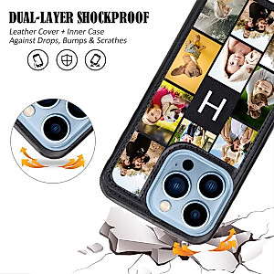 Design Card Wallet Phone Case for Apple iPhone 15 14 Pro Max Plus 13 Mini 12 11 XR XS X 8 7 SE 2022 Collage with Picture Photo Image Initial, Custom Leather iP Phone Cover ID Holder Magnet Button