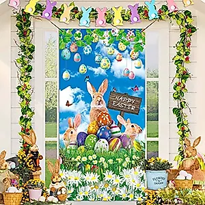 2023 Happy Easter Eggs Bunny Door Banner 3x6ft Spring Sky Grassland Flower Door Cover Banner Child Baby Shower Party Outdoor Yard Porch Sign Decoration