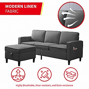 PUREMIND 78 Inches Convertible Sectional Sofa, Linen L-Shaped Sofa Couch with Reversible Storage Ottoman, Wooden Legs, 3-Seat Sectional Couches for Small Space, Apartment, Office (Dark Grey)…