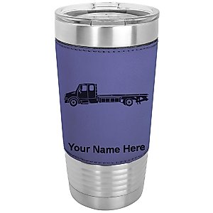 LaserGram 20oz Vacuum Insulated Tumbler Mug, Flat Bed Tow Truck, Personalized Engraving Included (Faux Leather, Dark Purple)