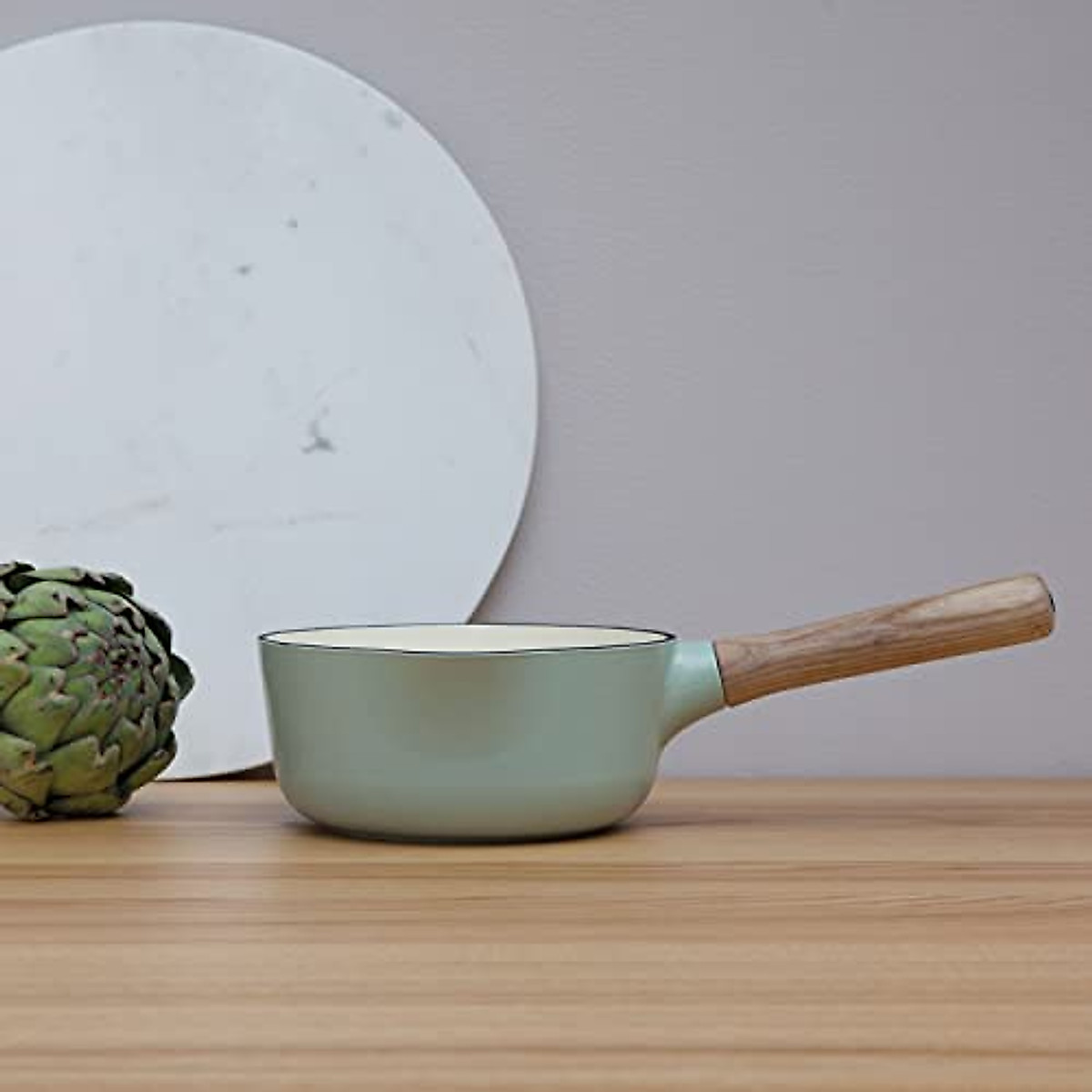 BergHOFF RON Cast Iron Saucepan 1.8 qt., Safe Grip Long Wood Handle, Induction Cooktop, Enameled Interior, Green