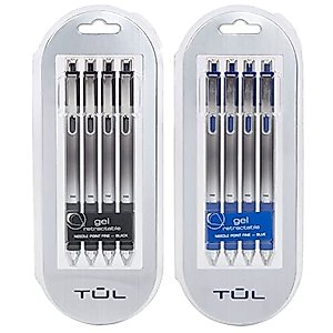 TUL Retractable Gel Pens 0.5mm Needle Point Fine, Black/Blue Bundle (2 4-packs)