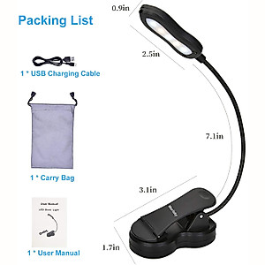 Rechargeable Book Light, LED Clip on Reading Light for Book in Bed, 3 Color × 3 Brightness, Up to 60 Hours Eye Care Reading, Warm & White, Perfect for Kids, Bed Headboard & Travel(Black)