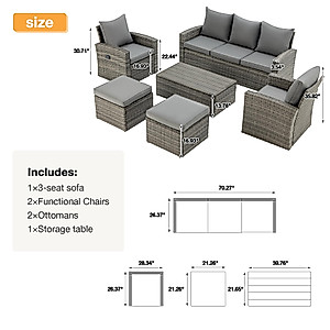 GYUTEI 6 Piece Patio Furniture Set, Outdoor Sectional Conversation Rattan Sofa Set with Ottoman and Outdoor Storage Table for Garden, Porch, Backyard(Grey)