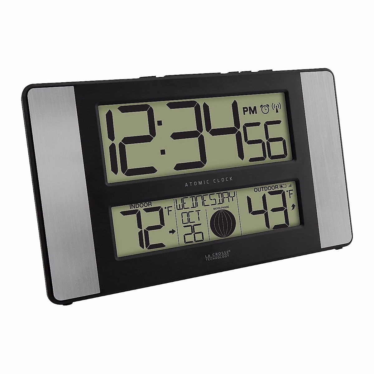 La Crosse Technology Atomic Digital Clock with Temperature and Moon Phase, Aluminum Finish (513-1417AL)