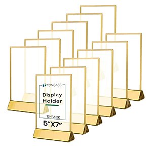 TonGass (12-Pack, Gold 5"x7" Standard Double-Sided Acrylic Wedding Table Numbers Picture Frames Clear Sign Holders with 3mm Gold Border & Vertical Stand Wedding Table Number Holder