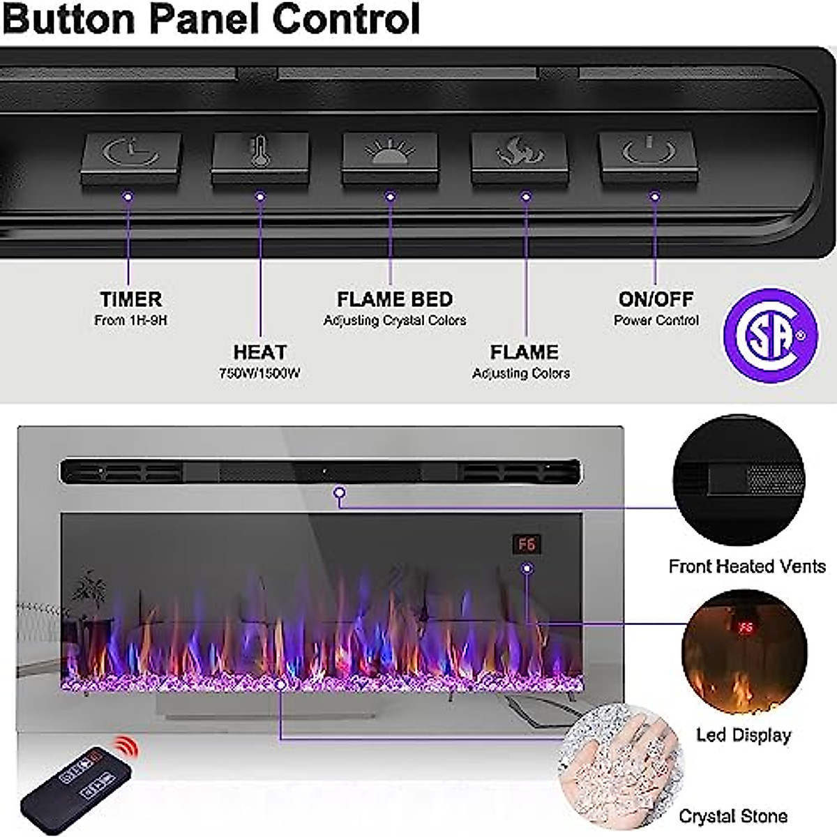 TUAN 31 Inch Electric Fireplace, Recessed and Wall Mounted Fireplace, Fireplace Heater and Linear Fireplace with Timer, Touch Panel and Remote Control, Adjustable 12 Flame Color, 750/1500W