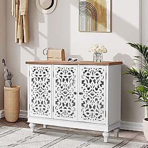 Sophia & William Sideboard and Buffet with Storage, 3-Door Hollow-Carved Accent Cabinet, Distressed Wood Storage Cabinet Cupboard for Kitchen, Dining Room, Living Room, Entryway, White