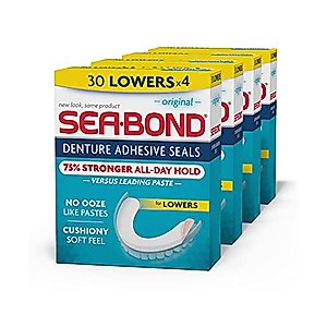 Sea Bond Secure Denture Adhesive Seals, Original Lowers, Zinc-Free, All-Day-Hold, Mess-Free, 30 Count (Pack of 4)