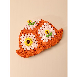 Verdusa Women's Floral Applique Crochet Bucket Hats Knit Caps Orange one-Size