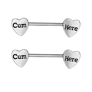 14G Stainless Steel Nipple Rings Silver Heart Shaped Cum Here Lick Me Letter Straight Barbell Bars Tongue Ring 16mm(5/8 Inch) Body Piercing Jewelry