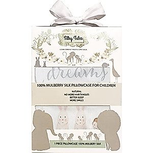 Silky Tales - Toddler Pillowcase 100% Silk - Kids Pillow Cover 13x18 (White with Light Pink and Blue)