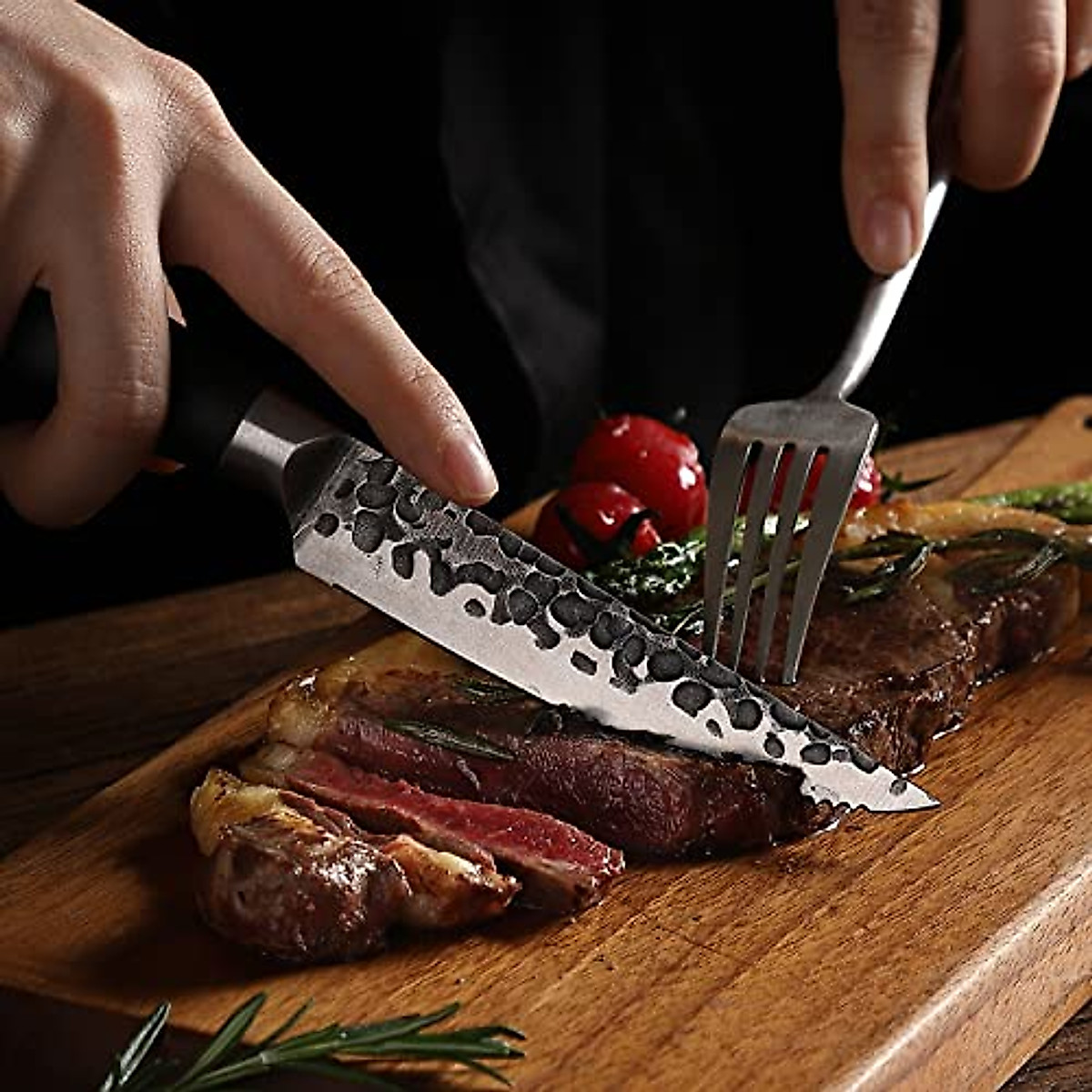 KONOLL Steak Knives Set of 6 Steaks Knife Serrated Blade Forged Handmade German High Carbon Steel with Full Tang Wood Handle