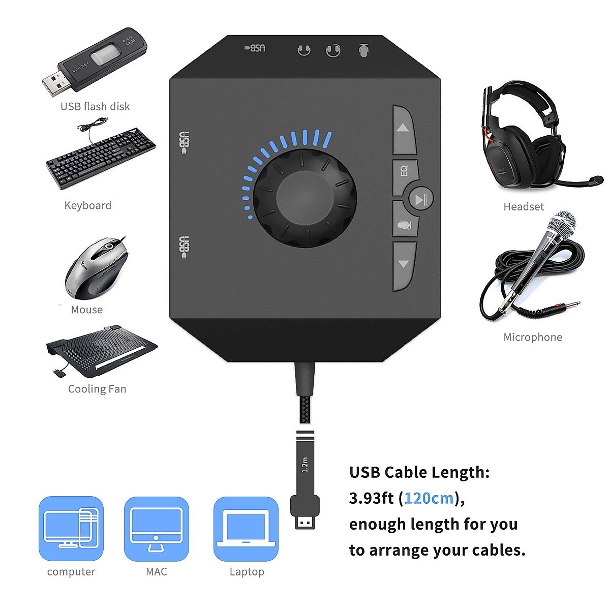 USB Hub with Audio Adapter, Tendak External Sound Card with 3.5mm Headphone Microphone Jack and Volume Control 3 Port USB Hub for Laptop PC HDD Disk