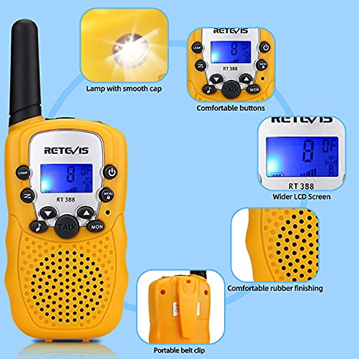 Retevis RT388 Walkie Talkies for Kids,22CH Long Range Walkie Talkie,Toys with Flashlight,Birthday Gifts Boys Girls Outdoor Indoor Cosplay Camping Hiking(Yellow,2 Pack)