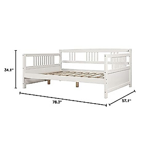 Merax Classic Wood Day Bed Frame Multifunctional Platform Bed Sofa Mattress Foundation with Headboard, Easy Assembly White