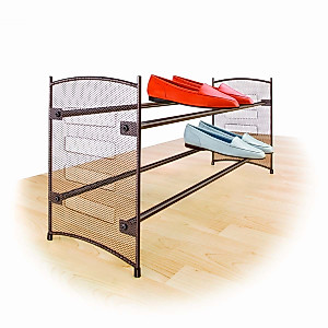 Lynk Expandable 2 Tier Stackable Shoe Rack - Steel Mesh Shoe Shelf - Bronze