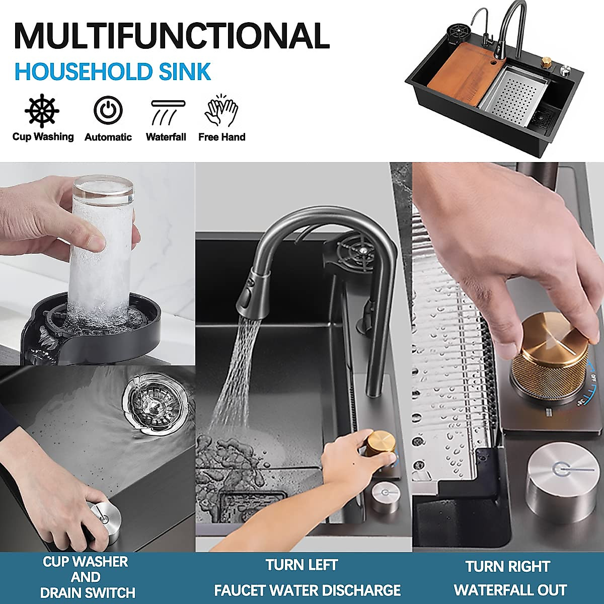 ECTbicyk Waterfall Kitchen Sink,31.5Inch Drop in Single Bowl Stainless Steel Kitchen Sink,Workstation Kitchen Sink with Accessories