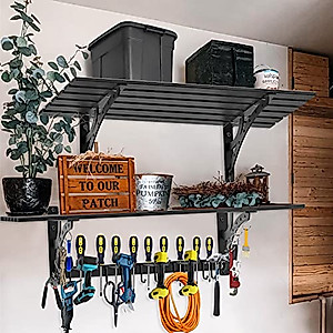 Dolibest 2PCS 16''x 38'' Heavy Duty Wall Mount Garage Shelf, Sturdy Garage Wall Shelving with Power Tool Storage, Wall Mounted Garage Storage Rack, Metal Floating Wall Shelves, Power Tool Storage