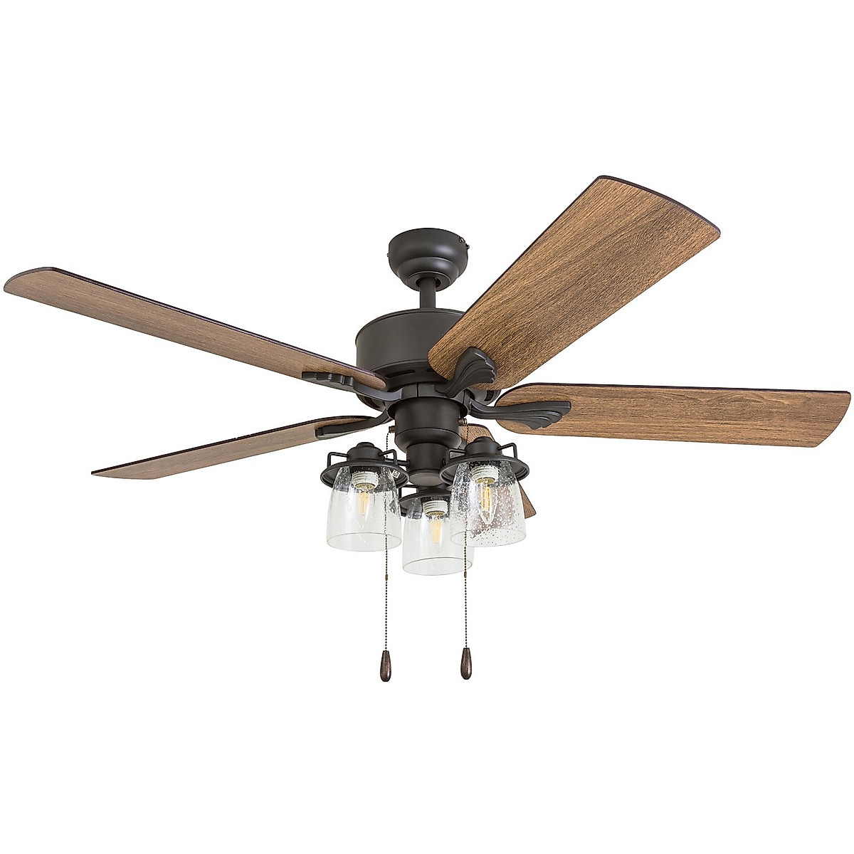 Prominence Home River Run, 52 Inch Farmhouse LED Ceiling Fan with Light, Pull Chain, Three Mounting Options, 5 Dual Finish Blades, Reversible Motor - 50566-01 (Bronze)