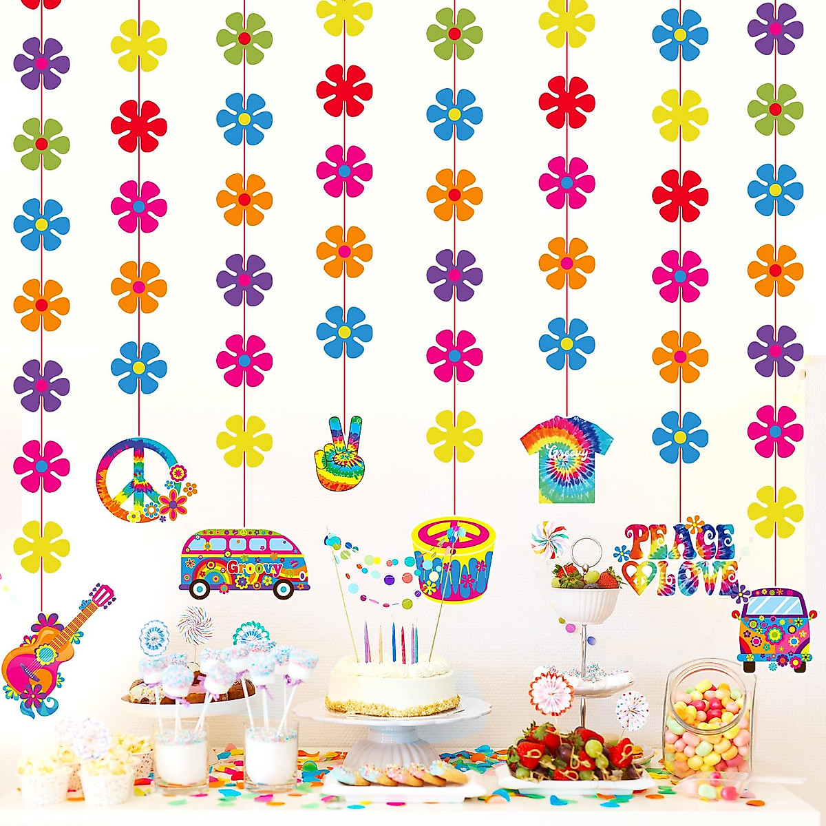 Duraaamo 8 Pcs Groovy Hippie Party Supplies 60's Hippie Paper Garland Kit Decorations Groovy Retro Flower Hanging Banner Tie Dye Hanging Garland for 60s 70s Party Groovy Birthday Baby Shower Decor