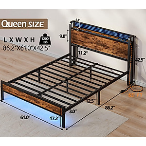 Furnulem Bed Frame Queen Size with Light,Industrial Storage Headboard with Power Outlet and USB Port,Wood Platform Queen Bed with Strong Metal Support,No Box Spring Needed,Silent