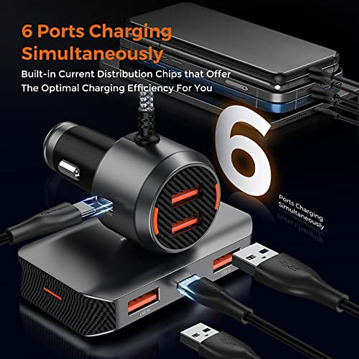 6 Multi Ports USB C Car Charger, 96W Fast Car Charger Adapter for Multiple Devices, PD 3.0 Cigarette Lighter for Back Seat Charging [6FT Cable] for iPhone 14 13 12 11 Pro Max Mini XR X SE Samsung S22