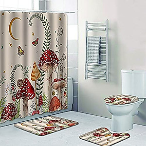 GUDAGUU 4 Piece Boho Mushroom Shower Curtain and Bath Mat Set,Butterfy Plant Moon Bohomian Bathroom Decor with Non Slip Rugs Mats Toilet Seat Cover Hooks Waterproof 71 Inch Long (Gray)