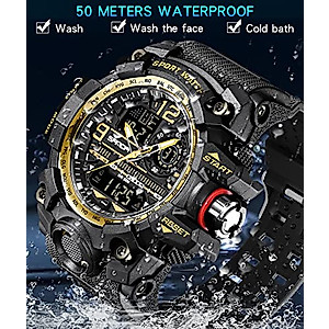 Yihou Mens Military Watch Tactical Watches for Men Sport Waterproof Relojes para Hombres Outdoor Digital Watch Big Face Alarm Stopwatch LED Gold