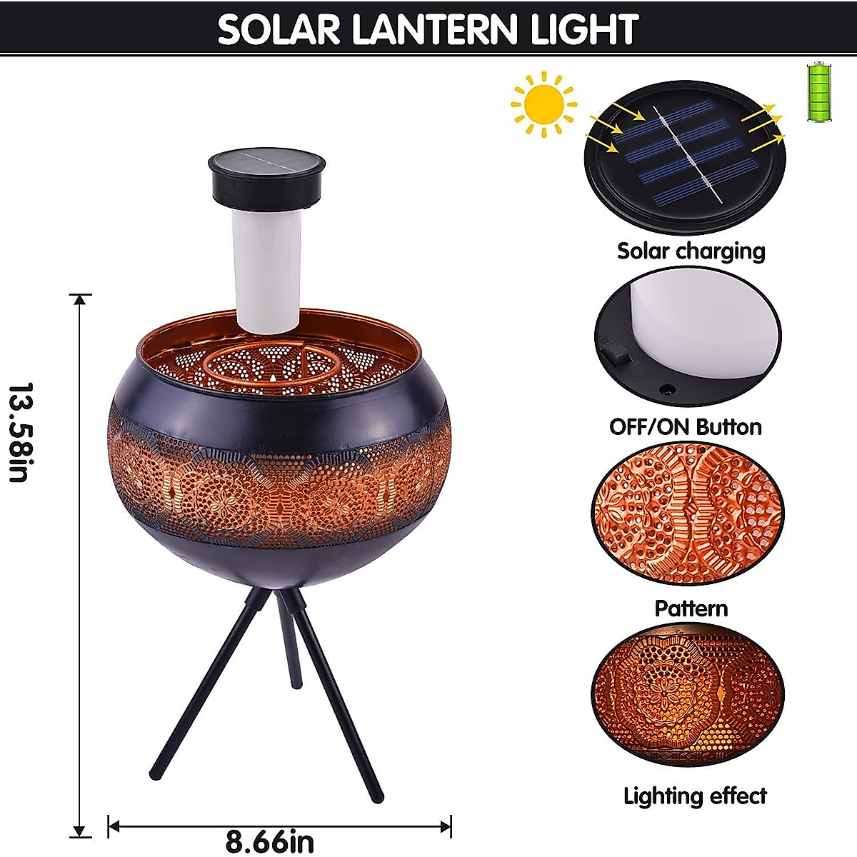 Larekook Outdoor Lantern Flickering Flame Light Solar Floor Lamp Waterproof Retro Lantern Metal Brazier Light Decor for Yard Patio Garden （Auto On/Off）