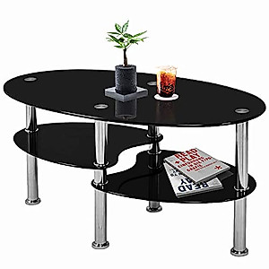 Nidouillet 3 Tier Tempered Glass Table with Glass Shelves and Stainless Steel Legs, Oval-Shaped Coffee Table Living Room Home Furniture 35.4" x 19.7" x17.7 (L x W x H)- Black AB026