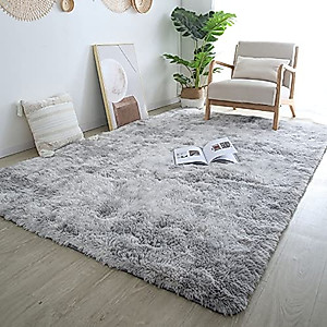 CAIYUECS Shag Area Rug,Indoor Ultra Soft Fluffy Plush Rugs for Bedroom Living Room, Non-Skid Modern Nursery Faux Fur Rugs for Kids Room Home Decor (Tie-Dyed Light Gray, 5x7 Feet)