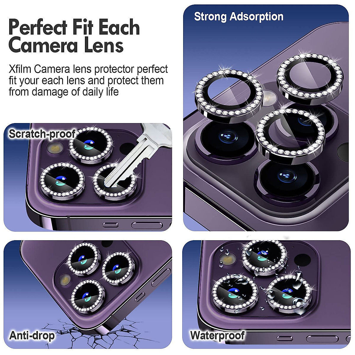 Xfilm for iPhone 14 Pro/iPhone 14 Pro Max Camera Lens Protector Bling, 9H Hardness Scratchproof Metal Individual Diamond Ring Protector, Stylish Accessories, Case Friendly (Deep Purple Diamond)