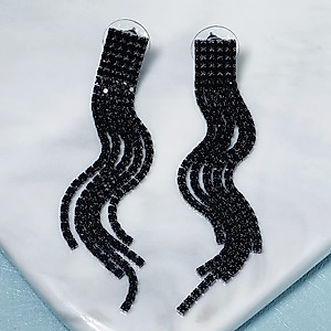 Mlouye Dangle Earrings for Women, Rhinestone Earring Dangling Long Tassel Crystal Chandelier Drop Earrings for Prom Party Black Tone