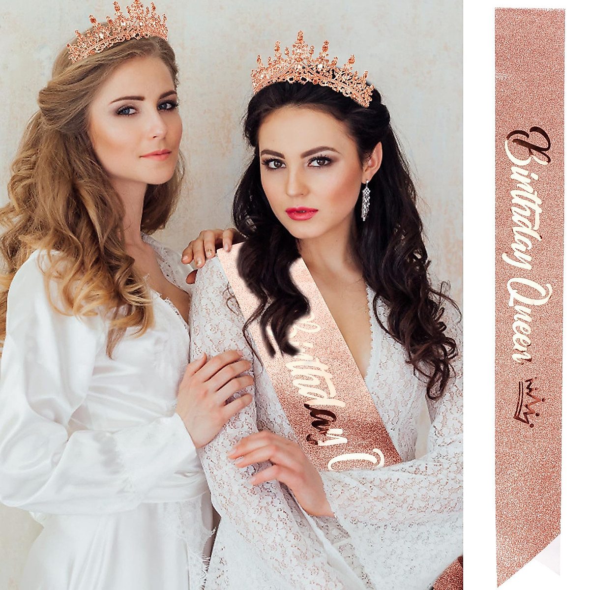 Velscrun Rose Gold Crystal Birthday Queen Tiara Crown for Women Girls Birthday Queen Headband Sash Elegant Princess Crown with Combs Hair Accessories Happy Birthday Party Decorations Mom Birthday Gift