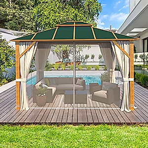 Erinnyees 10' x 12' Wood Grain Hardtop Gazebo, Outdoor Aluminum Composite Double Roof with Privacy Curtain and Mosquito Net for Patio, Lawn, Garden, Deck(Wood Looking, Dark Green)