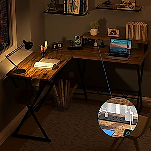 GreenForest L Shaped Desk with Power Outlets, 50.6 Inches Reversible Small Corner Computer Desk with Monitor Stand, Home Office Gaming Desk with Headphone Hook, Cup Holder, Walnut