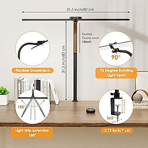 Jeagop LED Desk Lamp for Home Office, 24W Double Head Architect Desk Lamp with Clamp, Remote Control, Adjustable Gooseneck, Stepless Dimming and Tempering Desk Light for Reading Study Drafting