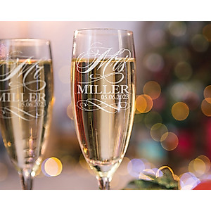 CHRISTMAS-STOCKINGS-by-STOCKINGFACTORY Mr and Mrs Champagne Wedding Glasses, Set of 2 Personalized Toasting Flutes, Engraved Mr and Mrs Wedding Toast Glass Flutes, Bride and Groom