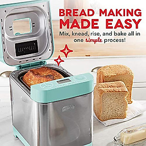 Dash Everyday Stainless Steel Bread Maker, Up to 1.5lb Loaf, Programmable, 12 Settings + Gluten Free & Automatic Filling Dispenser - Aqua