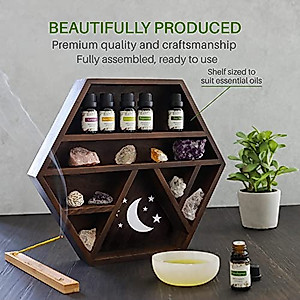 ENSO SENSORY Tsuki Crystal & Rock Display Shelf - Hexagon Floating Wall Shelves with Cresent Moon Design for Rocks, Crystals, Oils, Stones, Plants - Honeycomb Geometric Shape Home Decor
