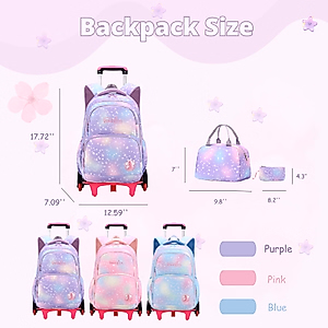 LANSHIYA Dream Princess Wind Rolling Backpack for Girls Wheeled Travel Bag Trolley School Bag Pink Six Wheels